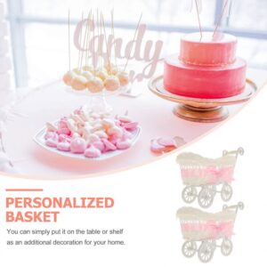 ARTIBETTER 2pcs Wicker Stroller Rattan Woven Basket Candy Snacks Goodie Treat Cart for Shower Centerpieces Decoration Pink