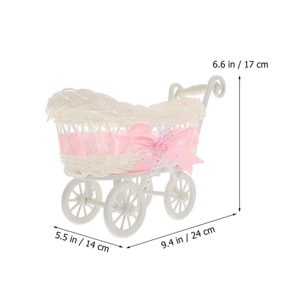 ARTIBETTER 2pcs Wicker Stroller Rattan Woven Basket Candy Snacks Goodie Treat Cart for Shower Centerpieces Decoration Pink