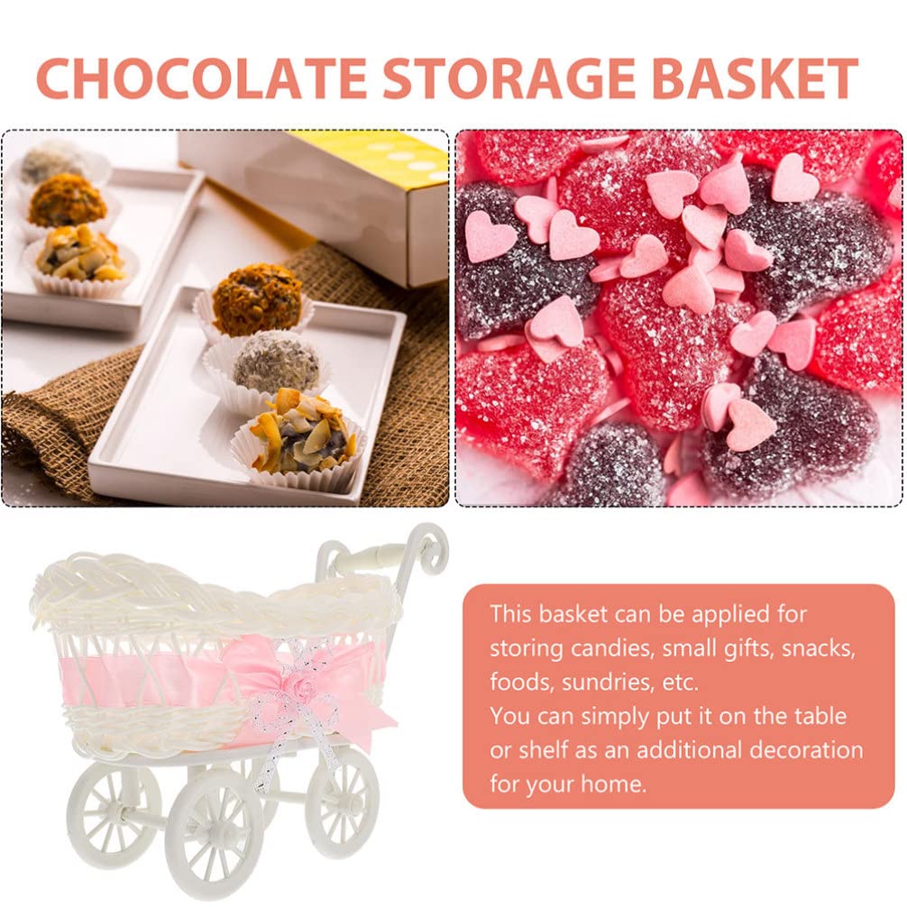 ARTIBETTER 2pcs Wicker Stroller Rattan Woven Basket Candy Snacks Goodie Treat Cart for Shower Centerpieces Decoration Pink