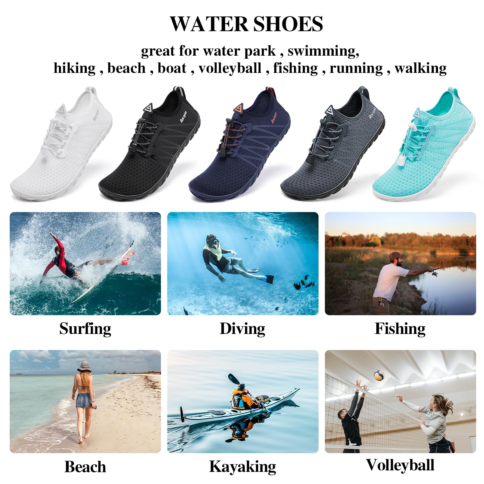 Racqua Men&Women Water Shoes Breathable Barefoot Pool Shoes Outdoor Windsurfing Beach Volleyball Sailing Beach Swim Shoes White 7.5 Women/6.5 Men