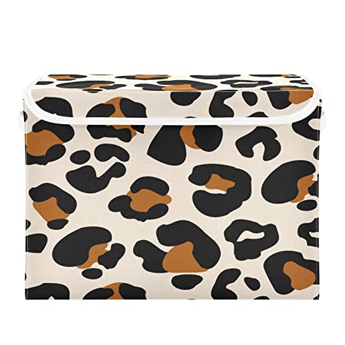 Kigai Leopard Print Storage Basket with Lid,Collapsible Storage Box Fabric Storage Bin for Closet,Office,Bedroom,Nursery