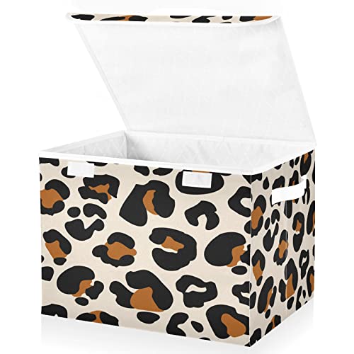 Kigai Leopard Print Storage Basket with Lid,Collapsible Storage Box Fabric Storage Bin for Closet,Office,Bedroom,Nursery