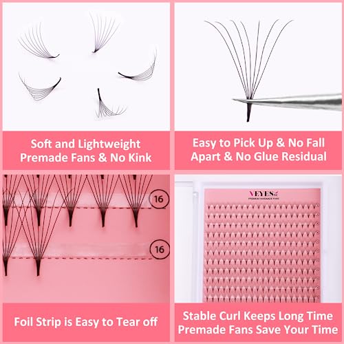 VEYES INC Lash Extension Supplies Premade Fans Eyelash Extensions Mixed Tray 7D 0.07 C curl 9-16mm Short Stem Volume Lashes Matte Black 320FANS