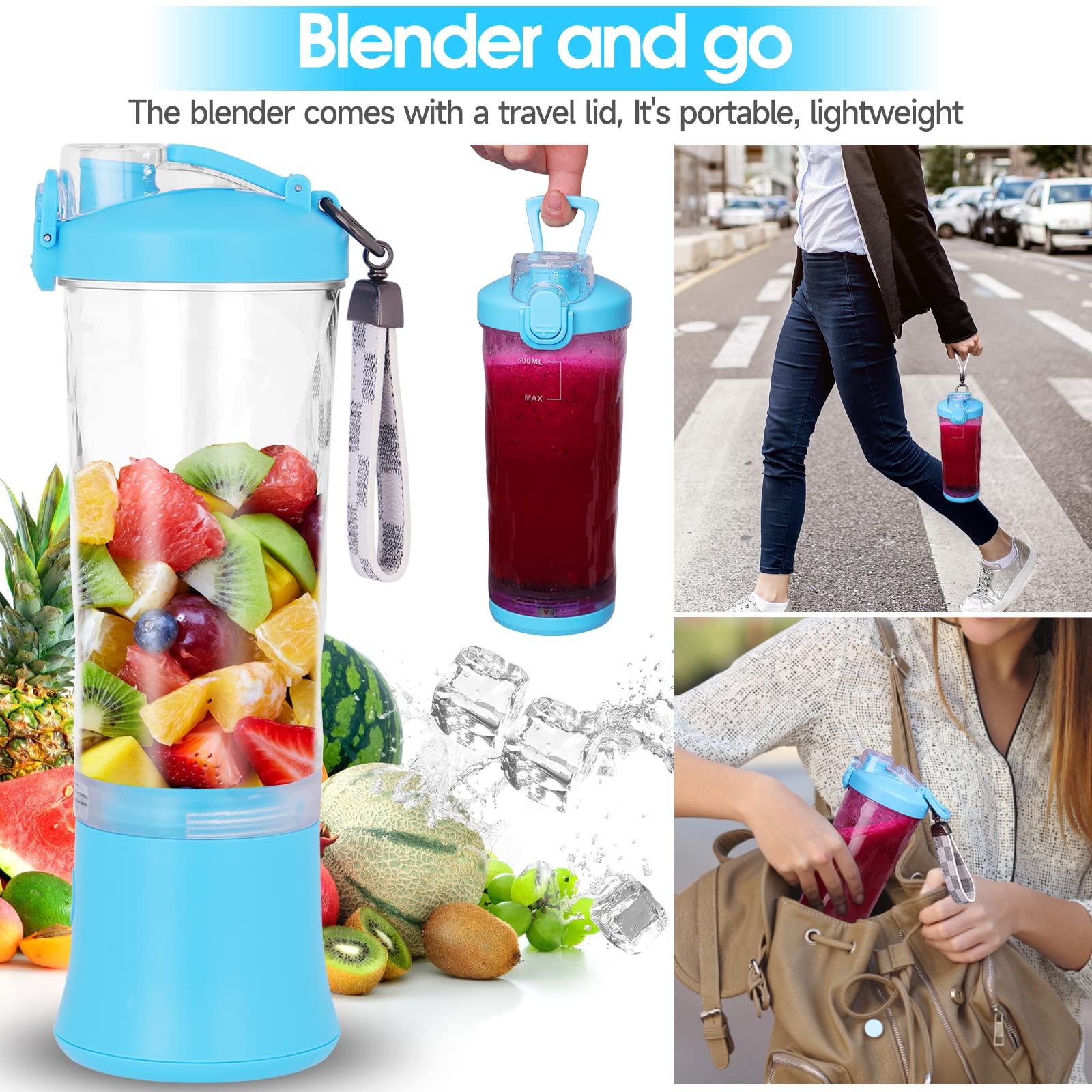 Portable Blender with 6 blades,20Oz Porsonal Mini Blender for Shakes and Smoothies,USB Rechargeable Fresh Juice Blender Handheld Blender (blue)