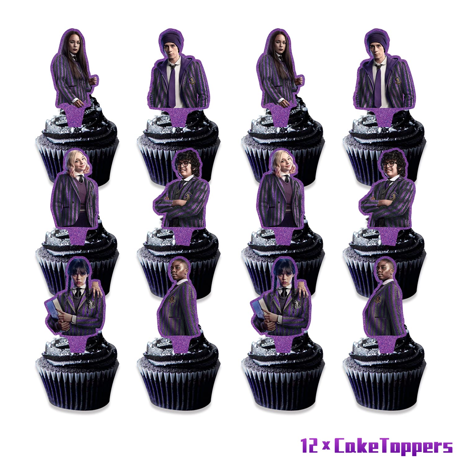 32Pcs Wednesday Party Supplies Addams Sparkling Cake Topper Cupcake Decoration Balloons Banner Backdrop For Birthday