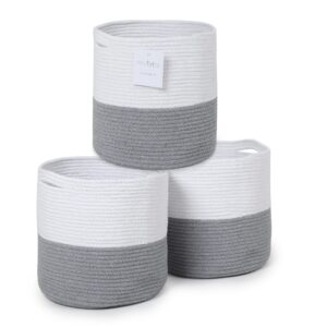 eco living recycled cotton rope storage cube basket, plant basket multi-purpose woven cube storage organizer/shelves, closet storage bins, nursery kids room organizer 11 inch set of 3, white & gray