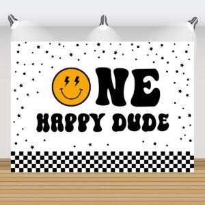 One Happy Dude Birthday Backdrop for Boys 1st Birthday Photography Background Decorations Boy First Birthday Party Cake Table Banner Supplies 7x5ft