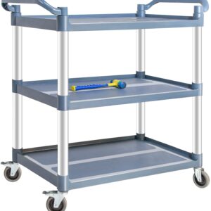 BRLJUNEO Plastic Utility Carts with Wheels, 3-Tier Medium Size Restaurant Food Cart, Heavy Duty 510lbs Capacity Rolling Service Cart w/Hammer for Commercial, Kitchen, Office (Lockable Wheels, M-Grey)