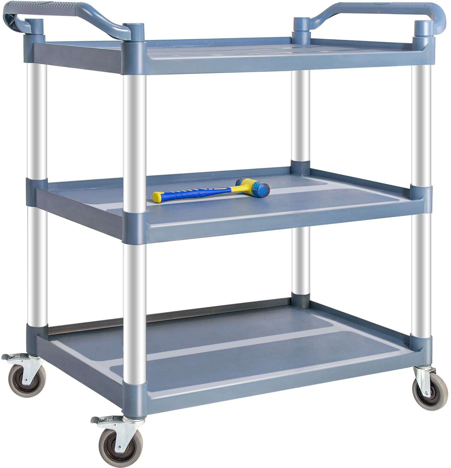 BRLJUNEO Plastic Utility Carts with Wheels, 3-Tier Medium Size Restaurant Food Cart, Heavy Duty 510lbs Capacity Rolling Service Cart w/Hammer for Commercial, Kitchen, Office (Lockable Wheels, M-Grey)