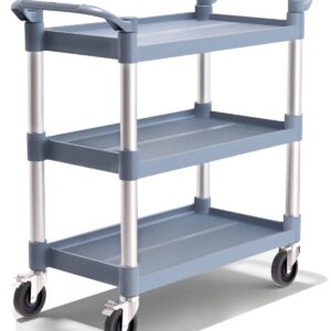 BRLJUNEO Plastic Utility Carts with Wheels, 3-Tier Medium Size Restaurant Food Cart, Heavy Duty 510lbs Capacity Rolling Service Cart w/Hammer for Commercial, Kitchen, Office (Lockable Wheels, M-Grey)