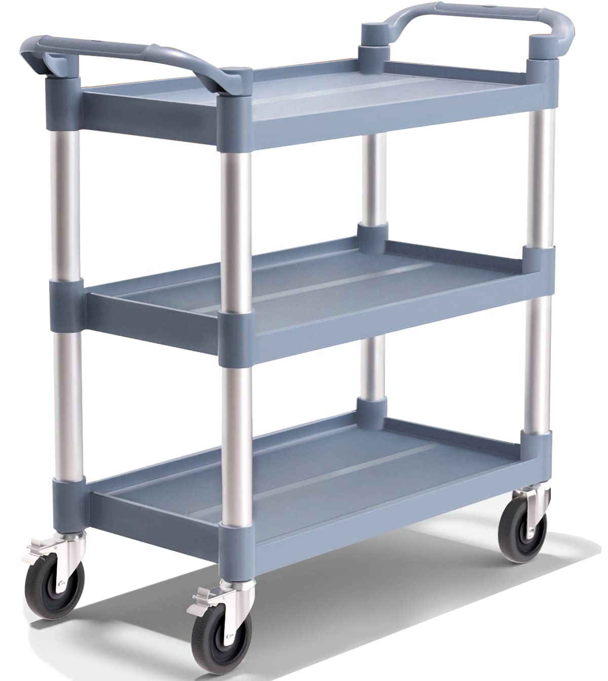 BRLJUNEO Plastic Utility Carts with Wheels, 3-Tier Medium Size Restaurant Food Cart, Heavy Duty 510lbs Capacity Rolling Service Cart w/Hammer for Commercial, Kitchen, Office (Lockable Wheels, M-Grey)