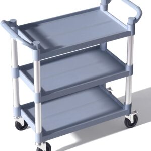 BRLJUNEO Plastic Utility Carts with Wheels, 3-Tier Medium Size Restaurant Food Cart, Heavy Duty 510lbs Capacity Rolling Service Cart w/Hammer for Commercial, Kitchen, Office (Lockable Wheels, M-Grey)