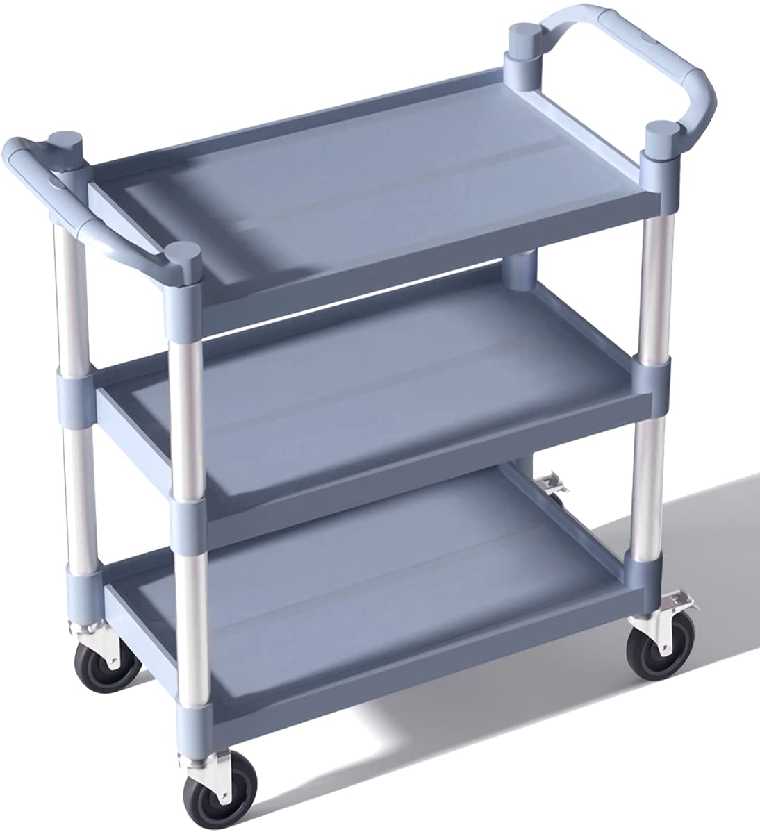 BRLJUNEO Plastic Utility Carts with Wheels, 3-Tier Medium Size Restaurant Food Cart, Heavy Duty 510lbs Capacity Rolling Service Cart w/Hammer for Commercial, Kitchen, Office (Lockable Wheels, M-Grey)