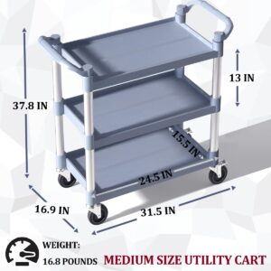 BRLJUNEO Plastic Utility Carts with Wheels, 3-Tier Medium Size Restaurant Food Cart, Heavy Duty 510lbs Capacity Rolling Service Cart w/Hammer for Commercial, Kitchen, Office (Lockable Wheels, M-Grey)