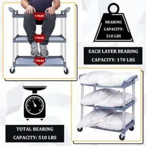 BRLJUNEO Plastic Utility Carts with Wheels, 3-Tier Medium Size Restaurant Food Cart, Heavy Duty 510lbs Capacity Rolling Service Cart w/Hammer for Commercial, Kitchen, Office (Lockable Wheels, M-Grey)