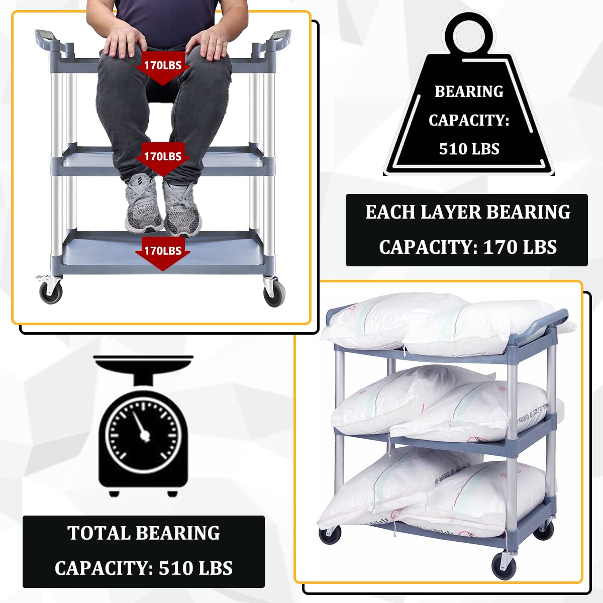 BRLJUNEO Plastic Utility Carts with Wheels, 3-Tier Medium Size Restaurant Food Cart, Heavy Duty 510lbs Capacity Rolling Service Cart w/Hammer for Commercial, Kitchen, Office (Lockable Wheels, M-Grey)