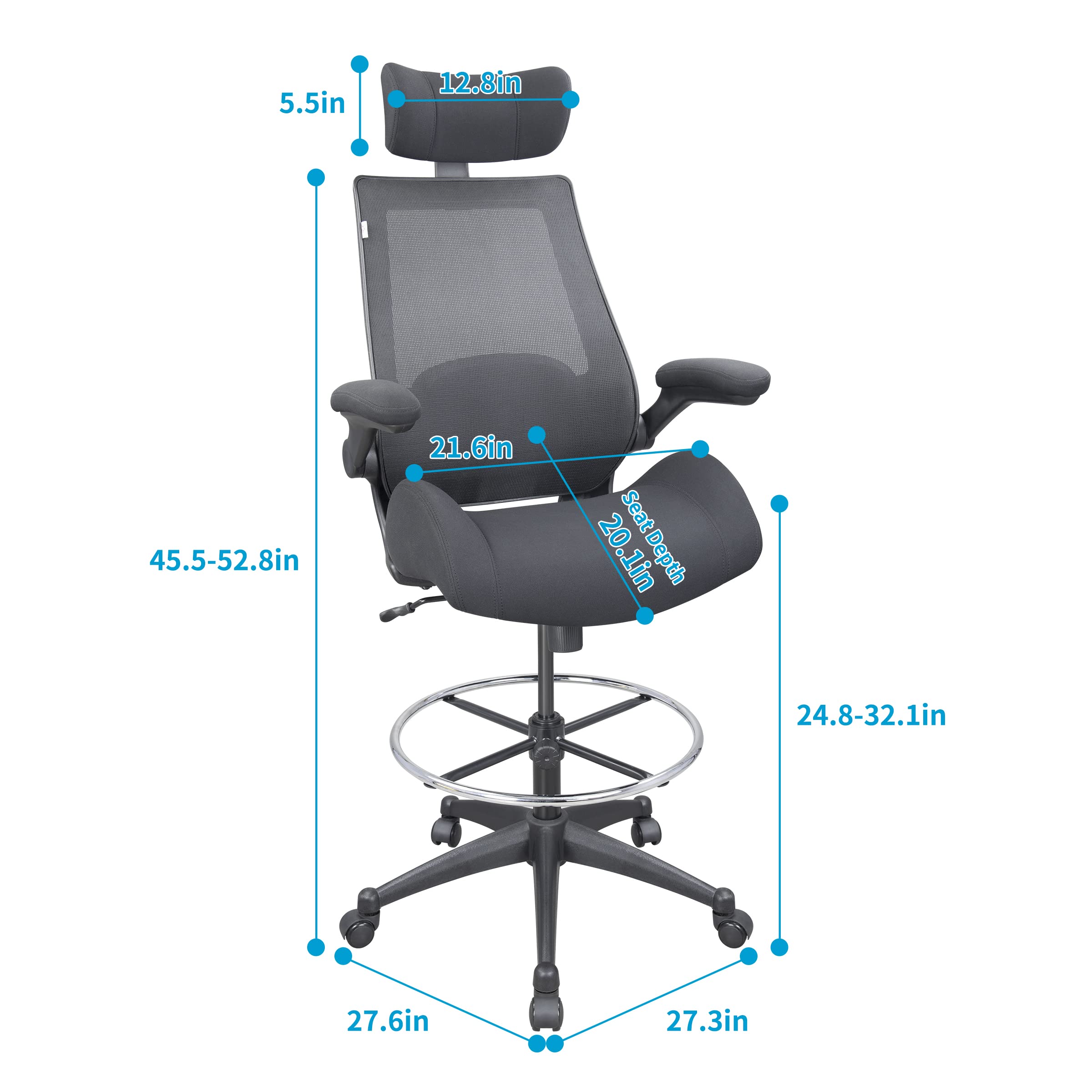 BOLISS 400lbs High-Back Mesh Ergonomic Drafting Chair,Tall Office Chair, Standing Desk Chair,Adjustable Headrest,with Flip-Up Arms,Lumbar Support Swivel Computer Task Chair-Black