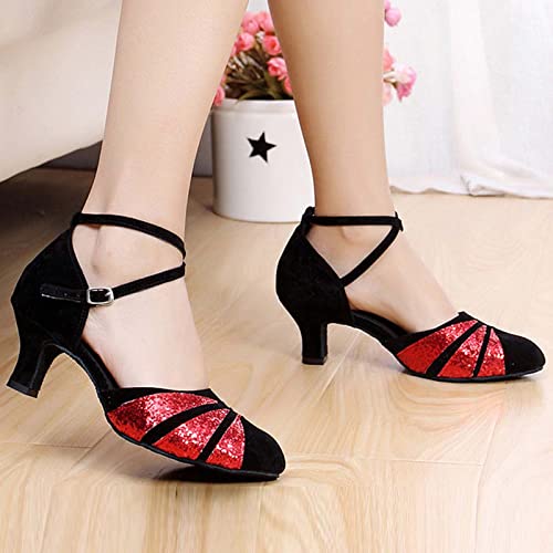 oiangi Women's Satin Latin Dance Shoes 2023 Summer Fashion Closed Toe Ankle Straps Buckle Heeled Sandals Ballroom Salsa Tango Party Sequin Dance Shoes Red