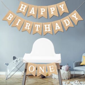 1st birthday party decoration first birthday banner rustic happy birthday burlap banner one high chair banner one sign for first birthday baby girl boy birthday nursery supplies, white alphabet