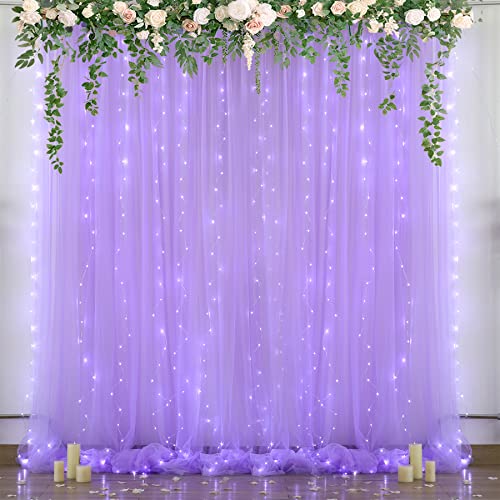 Lavender Sheer Backdrop Curtain with Led Lights for Baby Shower Wedding10ft X 10ft Lavender Tulle Backdrop Curtain for Bridal Shower Birthday Party Photoshoot Background Decorations