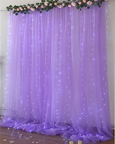 Lavender Sheer Backdrop Curtain with Led Lights for Baby Shower Wedding10ft X 10ft Lavender Tulle Backdrop Curtain for Bridal Shower Birthday Party Photoshoot Background Decorations