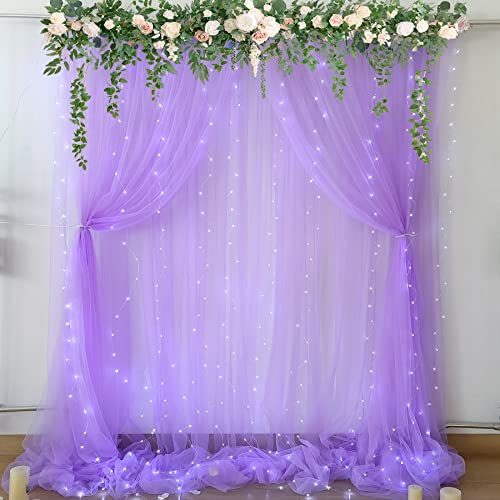 Lavender Sheer Backdrop Curtain with Led Lights for Baby Shower Wedding10ft X 10ft Lavender Tulle Backdrop Curtain for Bridal Shower Birthday Party Photoshoot Background Decorations