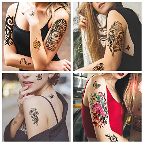 55 Sheets Temporary Tattoo, 8 Sheets Full Arm Temporary Tattoos, 17 Sheets Half Arm Fake Tattoos Flower Butterfly Peacock Bird Lion Wolf for Women Men, 30 Sheets Tiny Tamporary Tattoos for Adult Kids