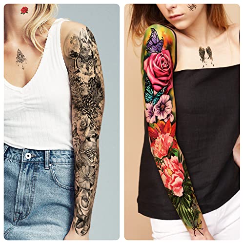 55 Sheets Temporary Tattoo, 8 Sheets Full Arm Temporary Tattoos, 17 Sheets Half Arm Fake Tattoos Flower Butterfly Peacock Bird Lion Wolf for Women Men, 30 Sheets Tiny Tamporary Tattoos for Adult Kids