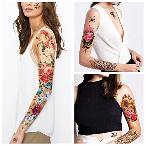 55 Sheets Temporary Tattoo, 8 Sheets Full Arm Temporary Tattoos, 17 Sheets Half Arm Fake Tattoos Flower Butterfly Peacock Bird Lion Wolf for Women Men, 30 Sheets Tiny Tamporary Tattoos for Adult Kids