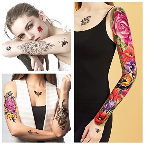 55 Sheets Temporary Tattoo, 8 Sheets Full Arm Temporary Tattoos, 17 Sheets Half Arm Fake Tattoos Flower Butterfly Peacock Bird Lion Wolf for Women Men, 30 Sheets Tiny Tamporary Tattoos for Adult Kids