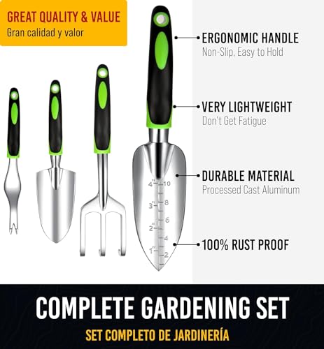 Heavy Duty Garden Tools 10 Pieces Set - Rust Proof, Durable Gardening Supplies Gifts for Women Men Mom or Dad - Ergonomic Gardening Hand Tools - Garden Gifts for Mom and Dad