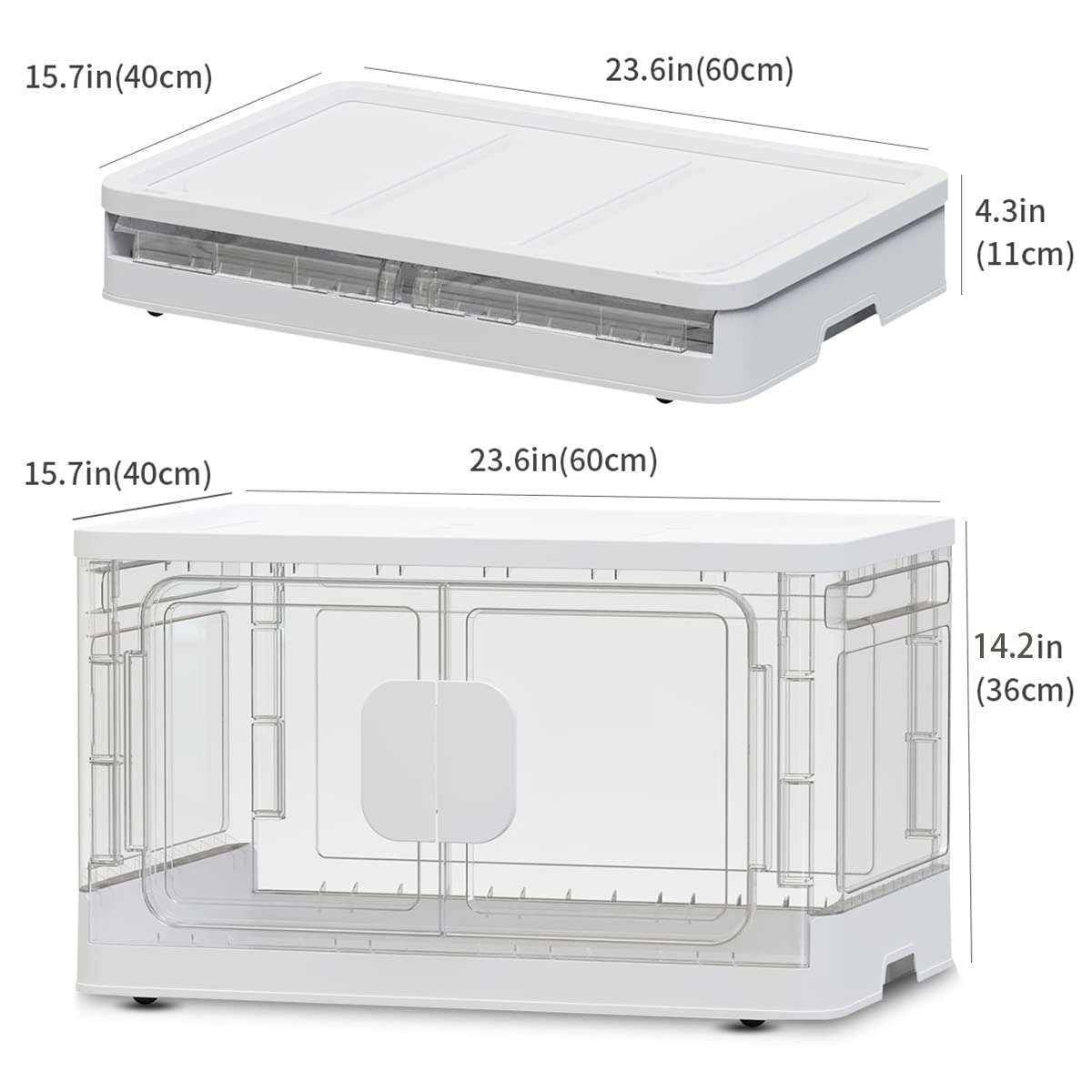 Storage Bins with Lids - Stackable Plastic Storage Bins with Wheels, 18-Gal Folding Box with Open Front Doors, 3 Pack Collapsible White Storage Box for Organizer Extremely Durable, High-capacity