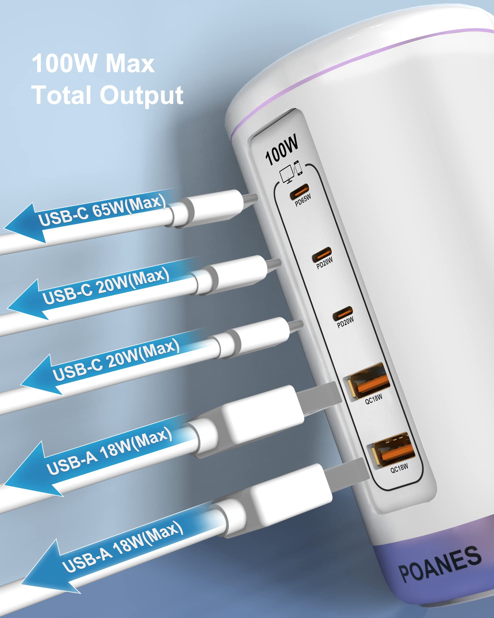 USB Charging Tower 100W, 5 Ports USB C Charger PD Port Fast Charging Station for Multiple Devices MacBook, Lenovo Laptop, iPhone 14/13/12 Pro Max, Samsung Galaxy, iPad, Nintendo Switch