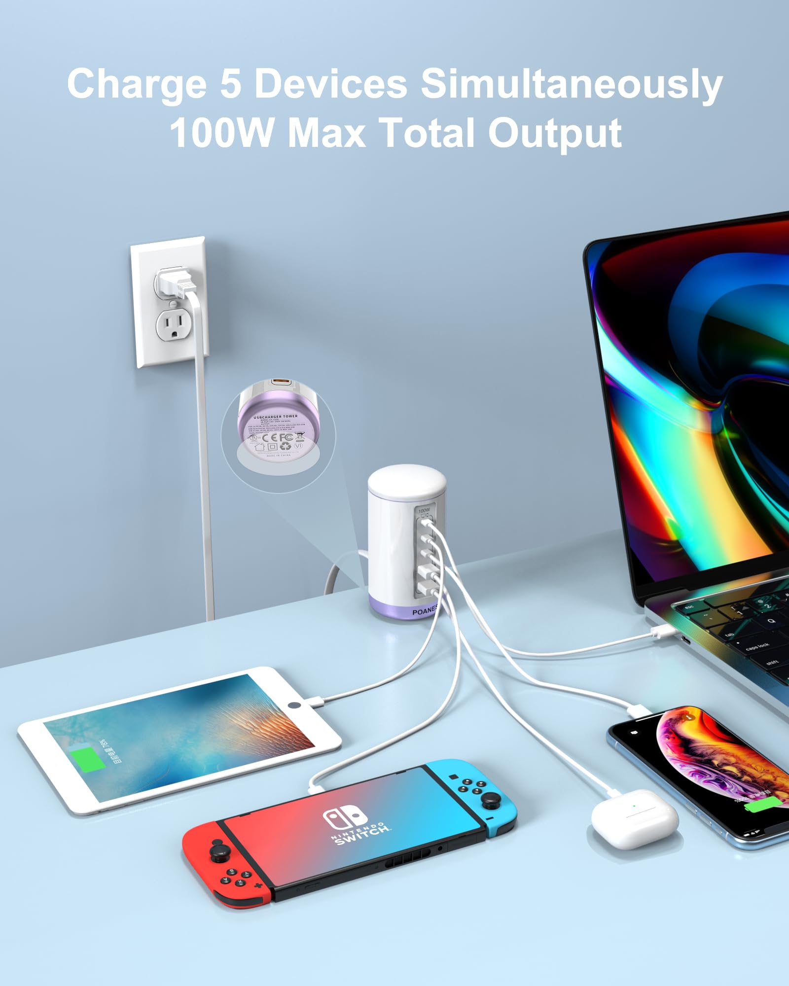 USB Charging Tower 100W, 5 Ports USB C Charger PD Port Fast Charging Station for Multiple Devices MacBook, Lenovo Laptop, iPhone 14/13/12 Pro Max, Samsung Galaxy, iPad, Nintendo Switch