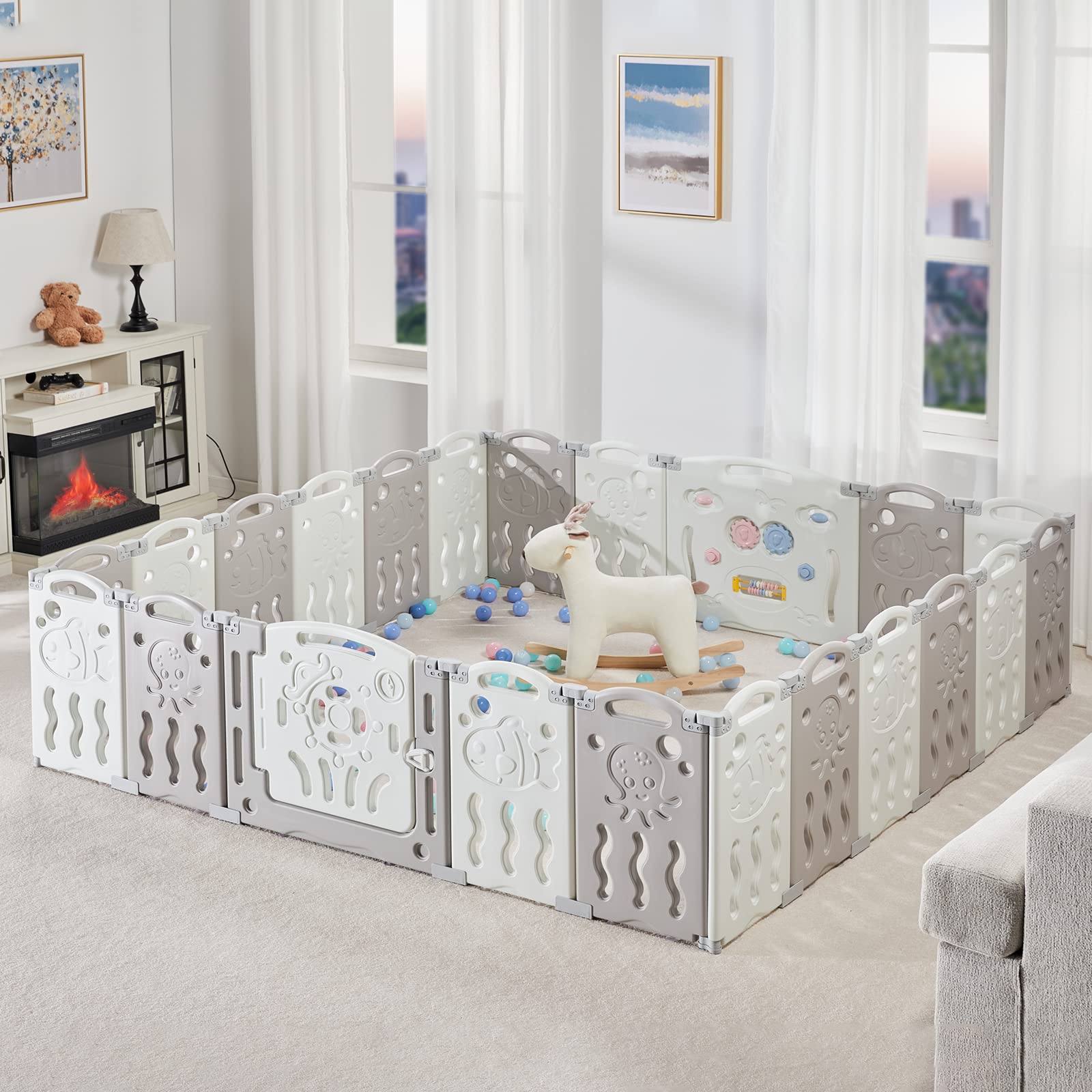 Albott Baby Playpen, Upgraded 22 Panels Foldable Baby Fence with Game Panel and Safety Gate, Adjustable Shape, Portable Baby Play Yards for Children Toddlers Indoors or Outdoors (Grey+White, 22 Panel)