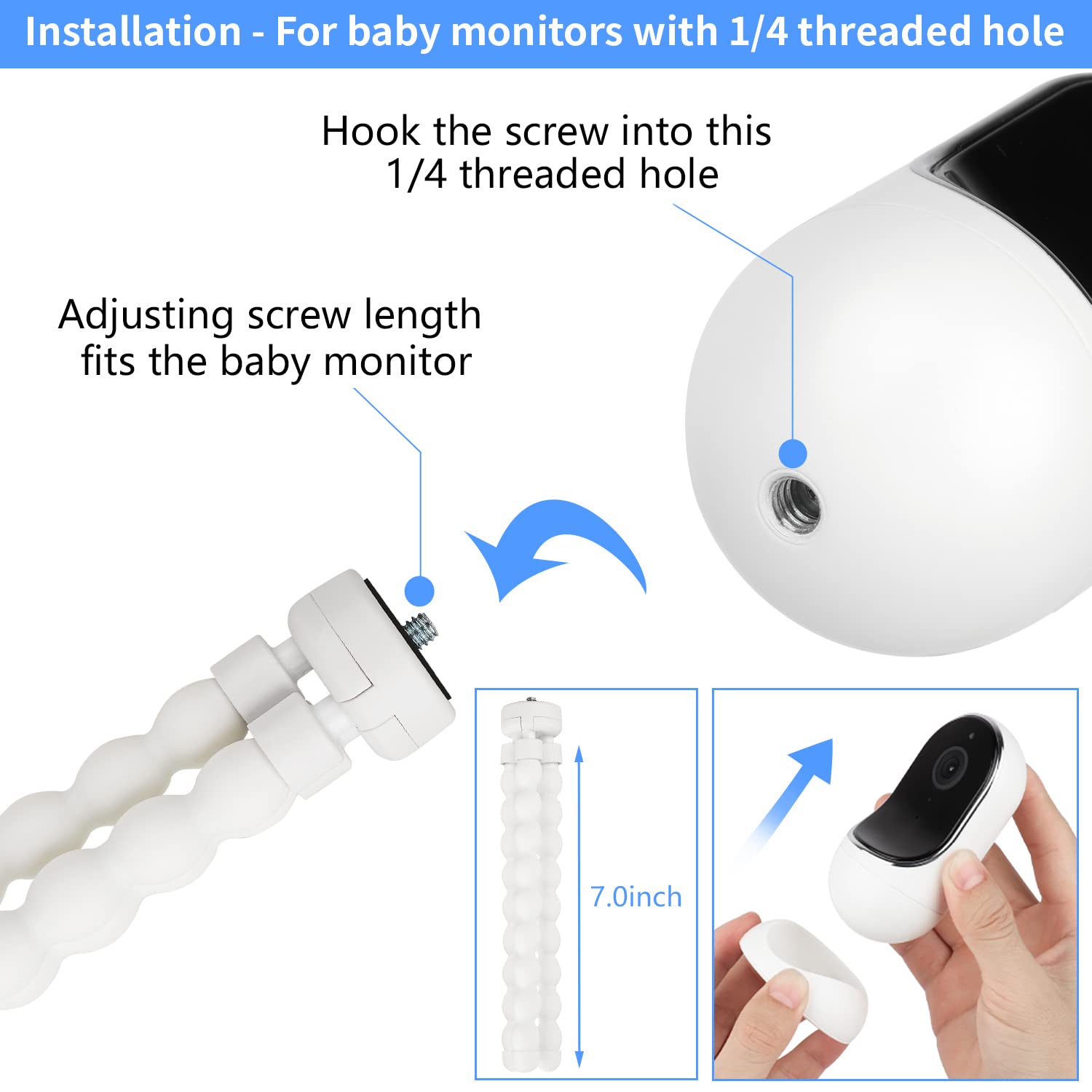 wochel Flexible Tripod Baby Monitor Mount for Owlet Cam and Owlet Cam 2, Attach Your Baby Camera Wherever You Like Without Tools or Wall Damage - White