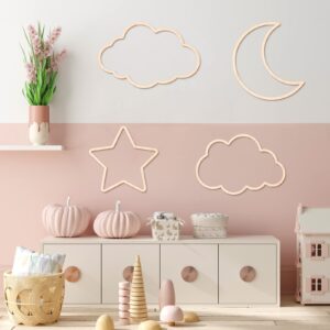 4 Pieces Cloud Wall Decor Boho Nursery Decor Wooden Star Decor Baby Nursery Rattan Moon Wall Decor Wooden Rainbow for Nursery Children Baby Kids Boys Girls Bedroom Decor (Cloud, Moon, Star)