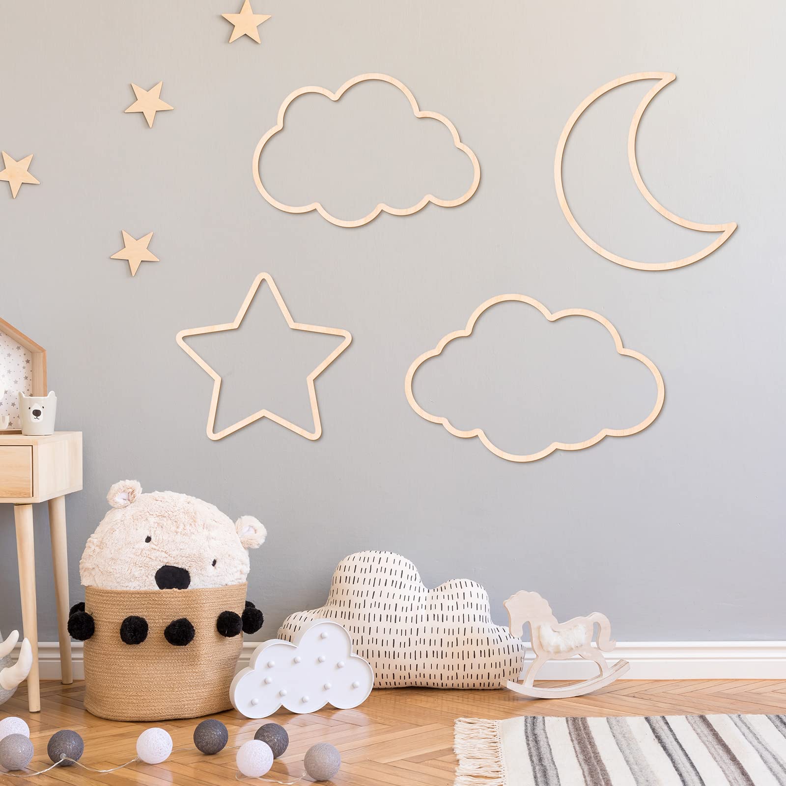 4 Pieces Cloud Wall Decor Boho Nursery Decor Wooden Star Decor Baby Nursery Rattan Moon Wall Decor Wooden Rainbow for Nursery Children Baby Kids Boys Girls Bedroom Decor (Cloud, Moon, Star)