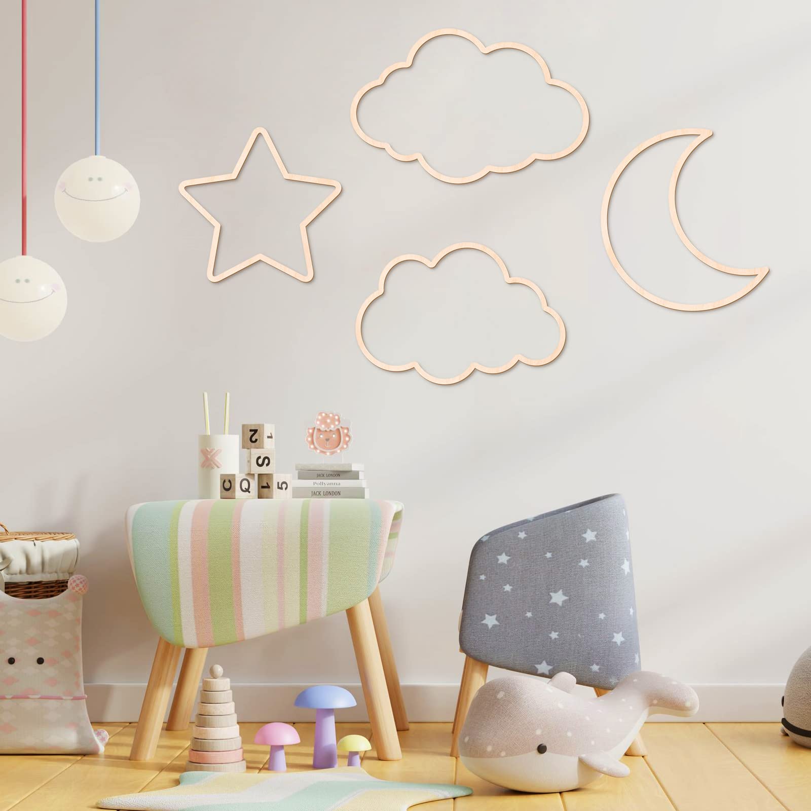 4 Pieces Cloud Wall Decor Boho Nursery Decor Wooden Star Decor Baby Nursery Rattan Moon Wall Decor Wooden Rainbow for Nursery Children Baby Kids Boys Girls Bedroom Decor (Cloud, Moon, Star)