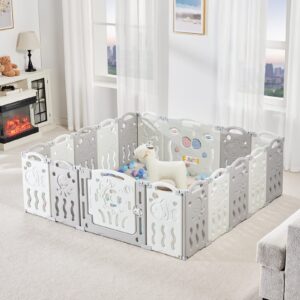 albott baby playpen, upgraded 18 panels foldable baby fence with game panel and safety gate, adjustable shape, portable baby play yards for children toddlers indoors or outdoors (18 panel, grey+white)