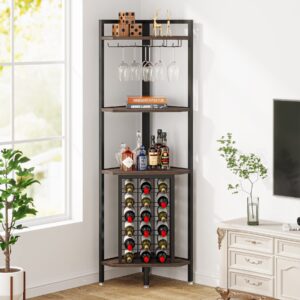 tribesigns corner wine rack with glass holder and storage shelves, 4 tier corner bar corner wine cabinet, industrial corner wine shelf for living room, small space (brown)