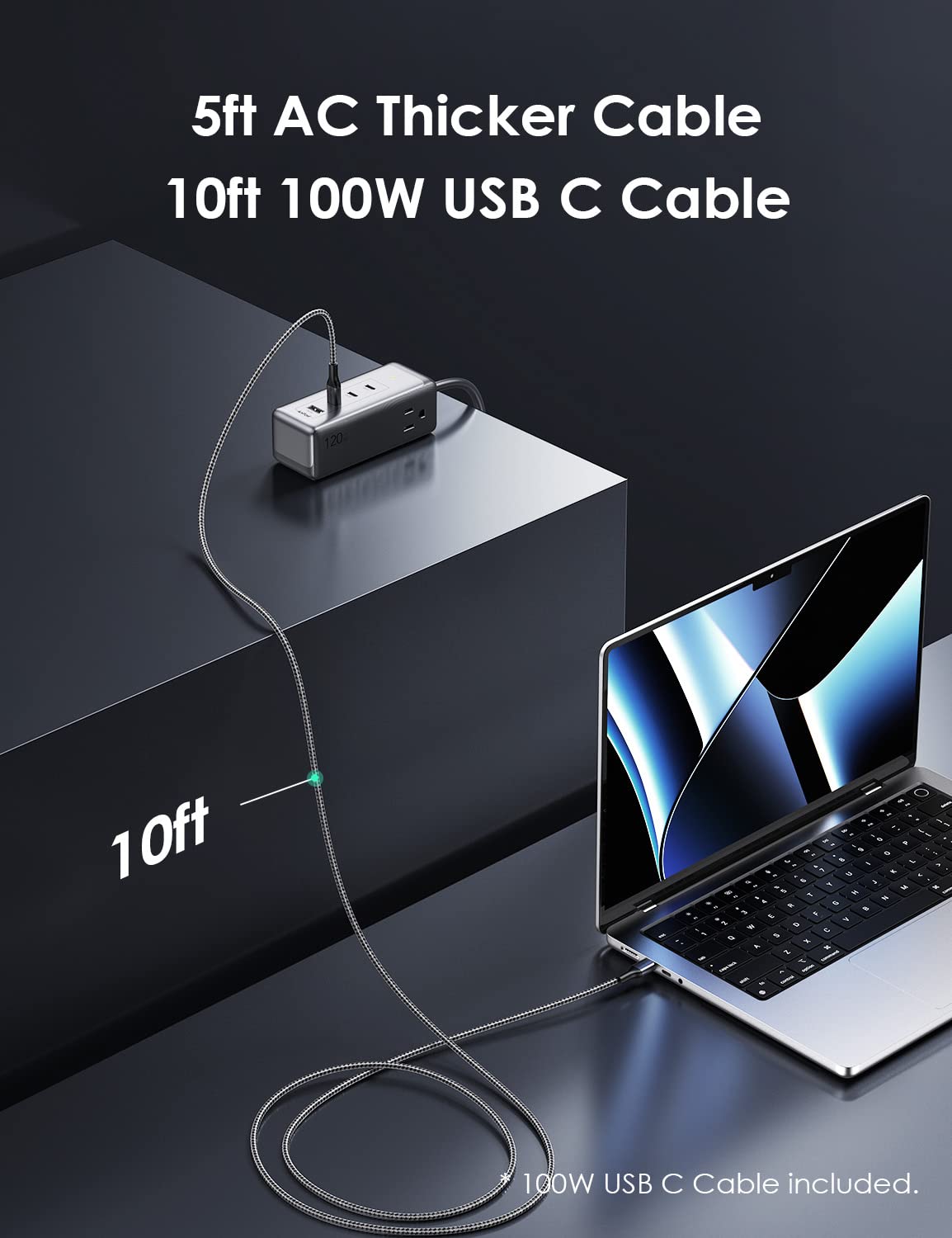 120W USB C Charging Station with 2AC Outlets, oraimo GaN Charger, PPS, Fast Charger, USB C Wall Charger for MacBook, iPhone, Ipad, Samsung (100W USB C Cable Included)