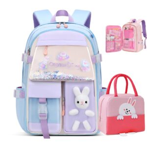 OMGDD 2PCS Kawaii Backpack Set with Lunch Bag,17.7inch Bunny Backpacks for Girls Large Capacity Aesthetic School Bag Cute Bookbags with Beaded Quicksand Pocket & Rabbit Doll,Blue