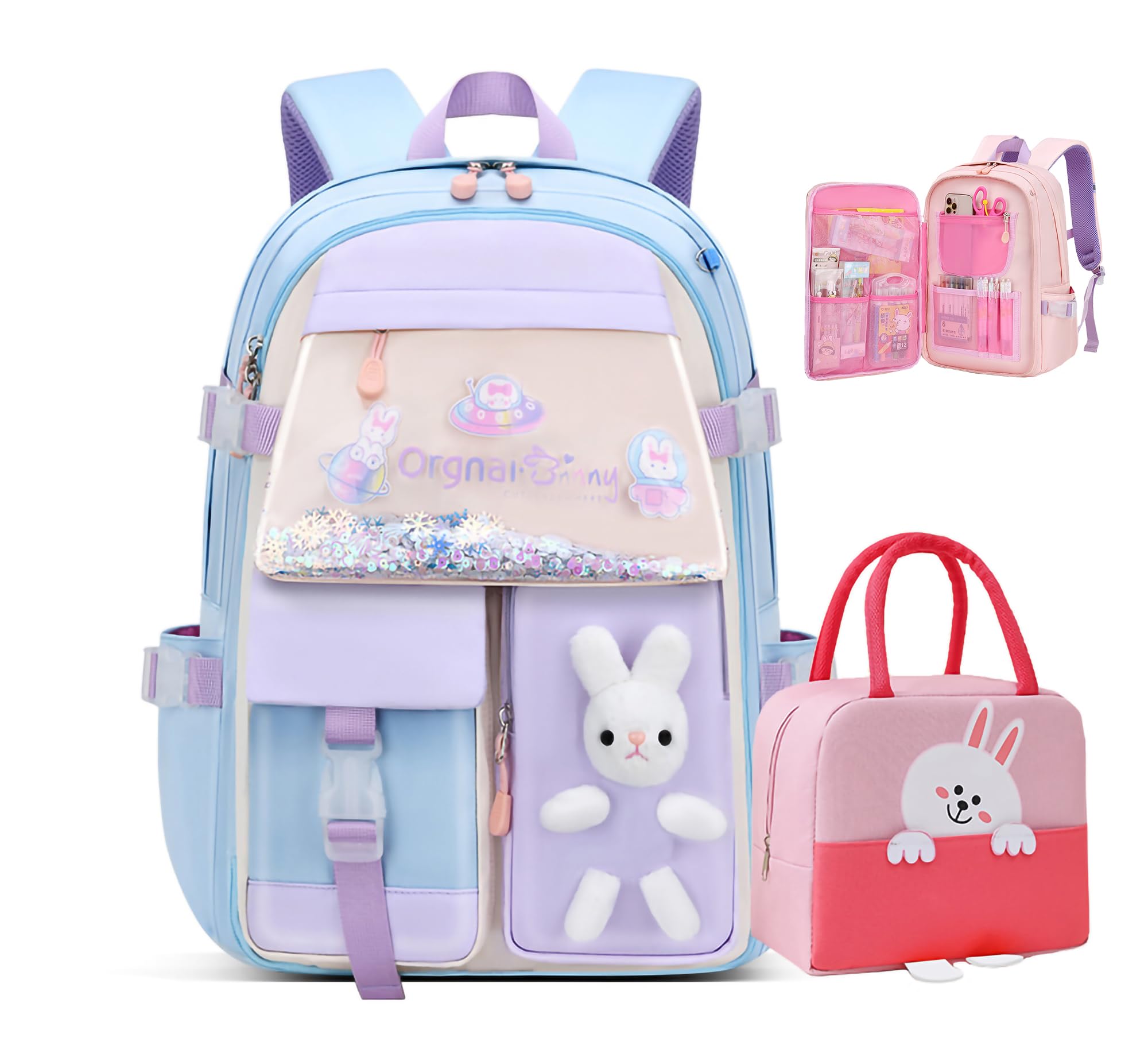 OMGDD 2PCS Kawaii Backpack Set with Lunch Bag,17.7inch Bunny Backpacks for Girls Large Capacity Aesthetic School Bag Cute Bookbags with Beaded Quicksand Pocket & Rabbit Doll,Blue