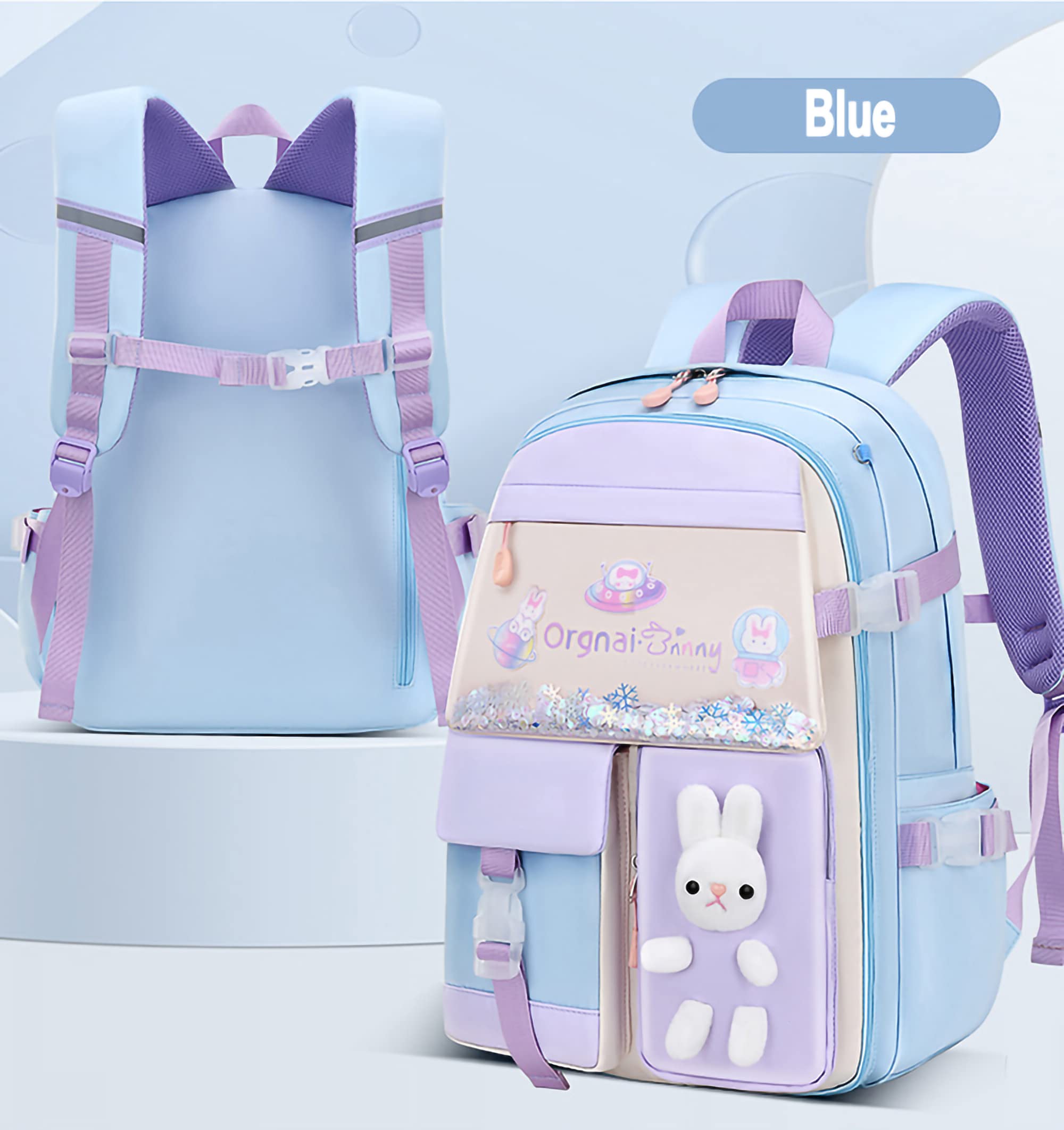 OMGDD 2PCS Kawaii Backpack Set with Lunch Bag,17.7inch Bunny Backpacks for Girls Large Capacity Aesthetic School Bag Cute Bookbags with Beaded Quicksand Pocket & Rabbit Doll,Blue