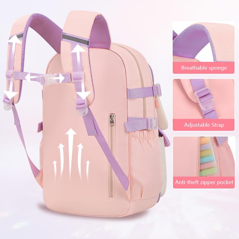 OMGDD 2PCS Kawaii Backpack Set with Lunch Bag,17.7inch Bunny Backpacks for Girls Large Capacity Aesthetic School Bag Cute Bookbags with Beaded Quicksand Pocket & Rabbit Doll,Blue