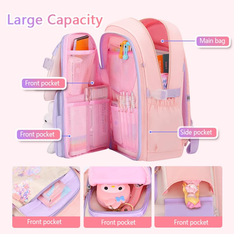 OMGDD 2PCS Kawaii Backpack Set with Lunch Bag,17.7inch Bunny Backpacks for Girls Large Capacity Aesthetic School Bag Cute Bookbags with Beaded Quicksand Pocket & Rabbit Doll,Blue