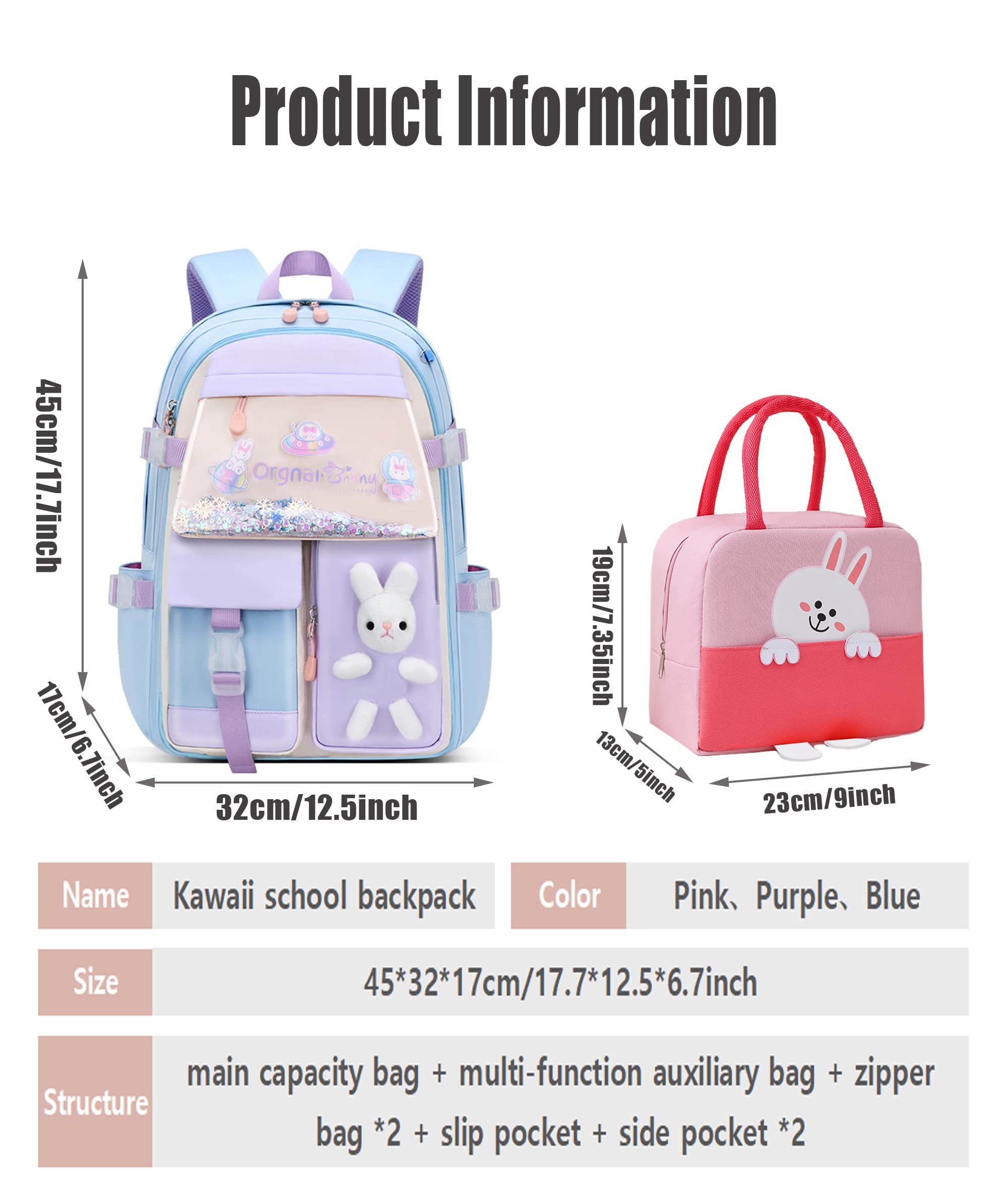 OMGDD 2PCS Kawaii Backpack Set with Lunch Bag,17.7inch Bunny Backpacks for Girls Large Capacity Aesthetic School Bag Cute Bookbags with Beaded Quicksand Pocket & Rabbit Doll,Blue