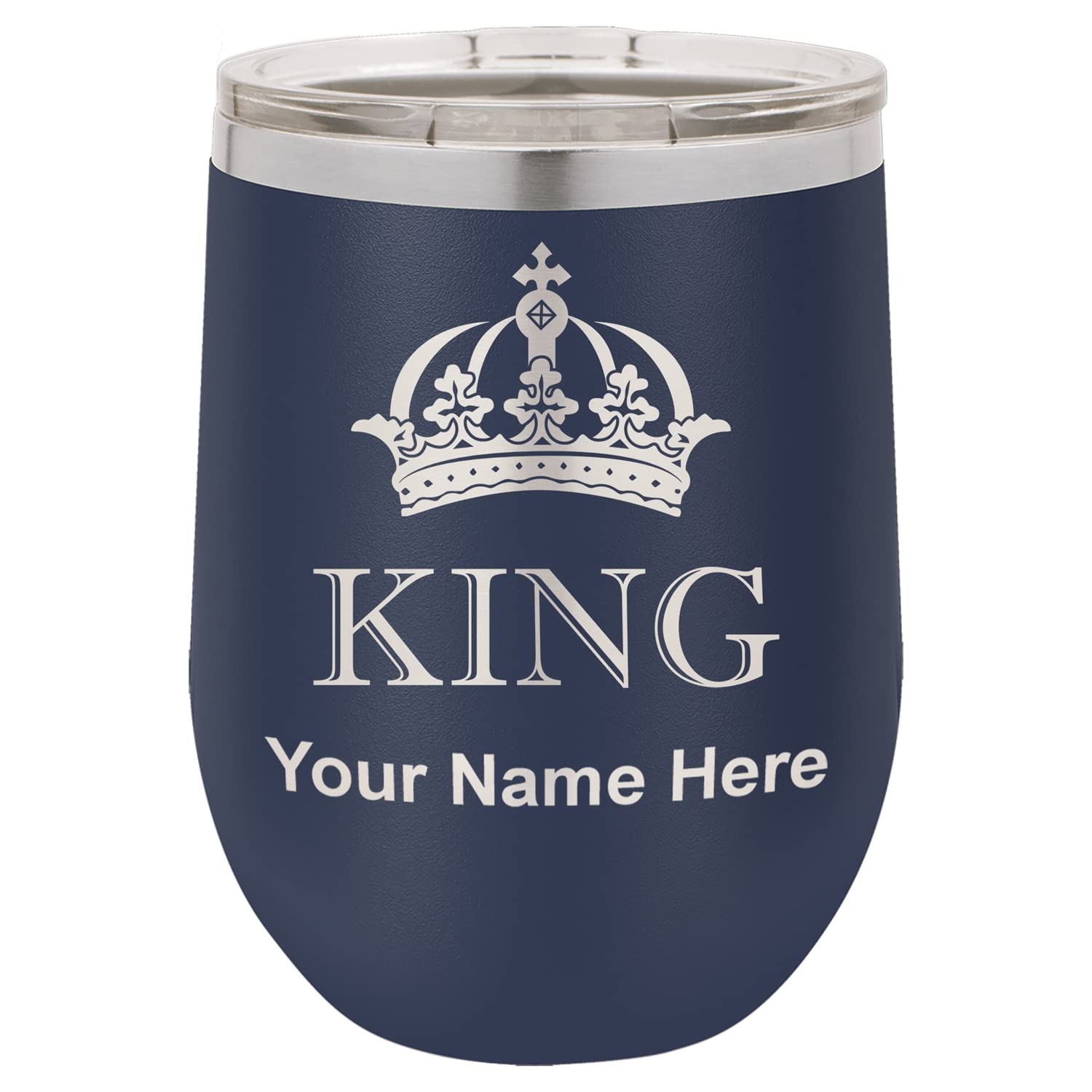 LaserGram Double Wall Stainless Steel Wine Glass Tumbler, King Crown, Personalized Engraving Included (Navy Blue)