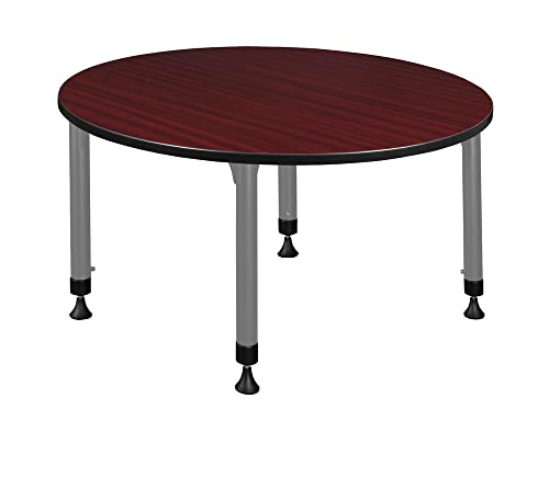 Romig Kee 48 in. Round Adjustable Classroom Table- Mahogany & 4 Andy 18 in. Stack Chairs- Black & Grey Base